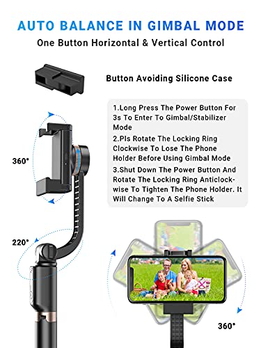 Gimbal Stabilizer For Smartphone, APEXEL 360° Rotation Auto Balance Small Portable Handhold Selfie Stick Tripod With Wireless Remote, 1-Axis Lightweight Extendable Stabilizer Gimble Iphone Phone Gopro