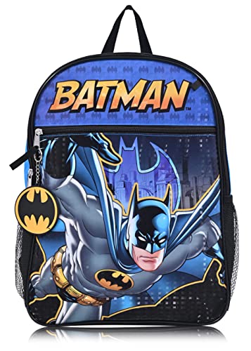 DC Comics BATMAN Boys Backpack for Little Kids | 6 Piece Set Kids Water Bottle Keychains Snack Tote and Knapsack for School (Batman 6Pc)