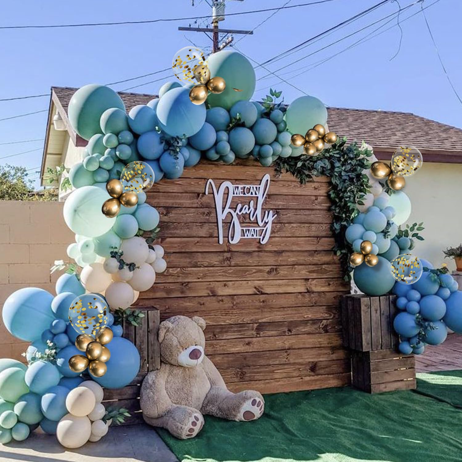 Dusty Blue Green Balloon Garland Arch Kit Blue Green White Sand Gold Confetti Balloons for Bridal Boho Birthday Party Backdrop Decorations
