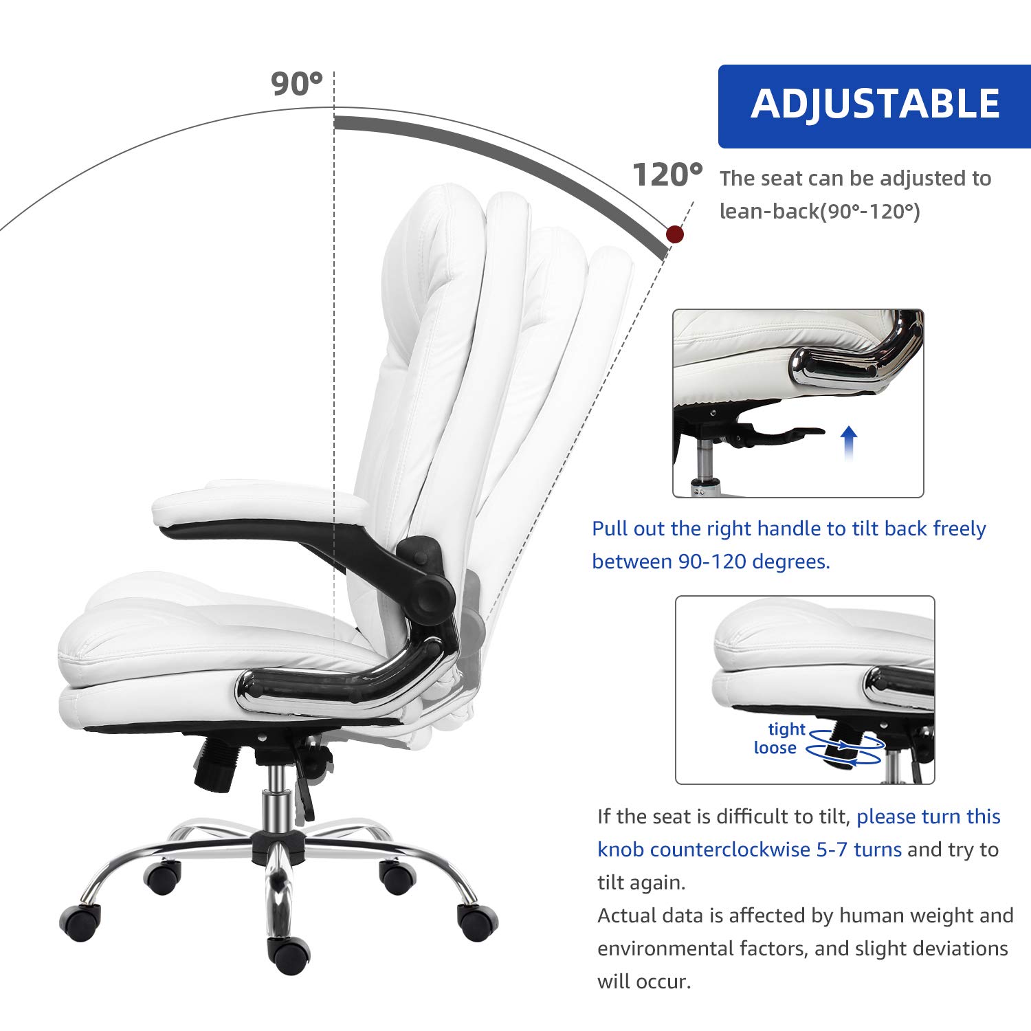 B2C2B Ergonomic Office Chair High Back Desk Chair with Flip-Up Arms and Comfy Thick Cushion Leather Computer Chair White Big and Tall 350lb Weight Capacity
