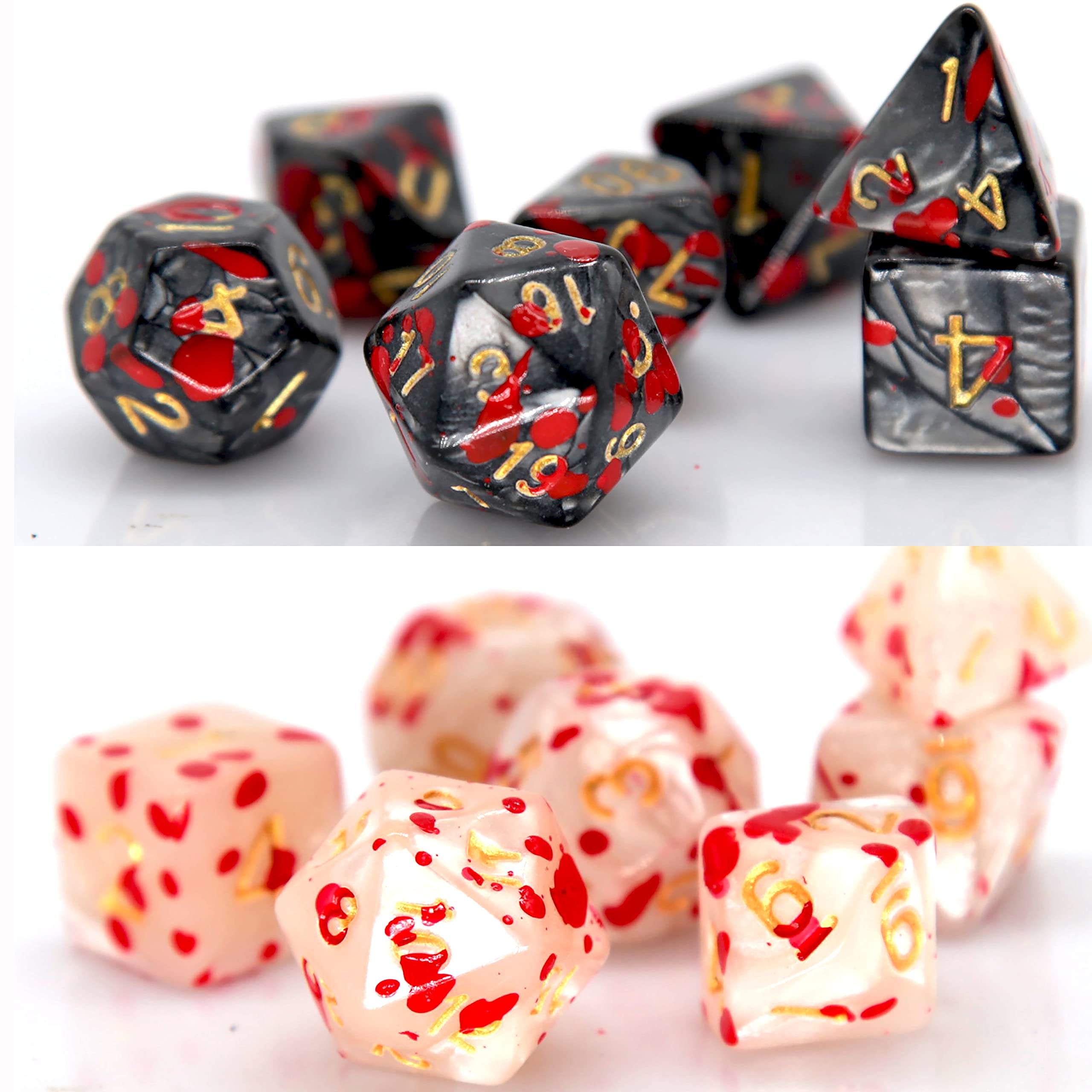 HS 2 Packs Blood Splatter Dice Black and White Dice Polyhedral 7-Die Dice Set for Role Playing Dice Games Polyhedral Dice Set for Dungeon and Dragons MTG RPG D&D D20 D12 D10 D10% D8 D6 D4
