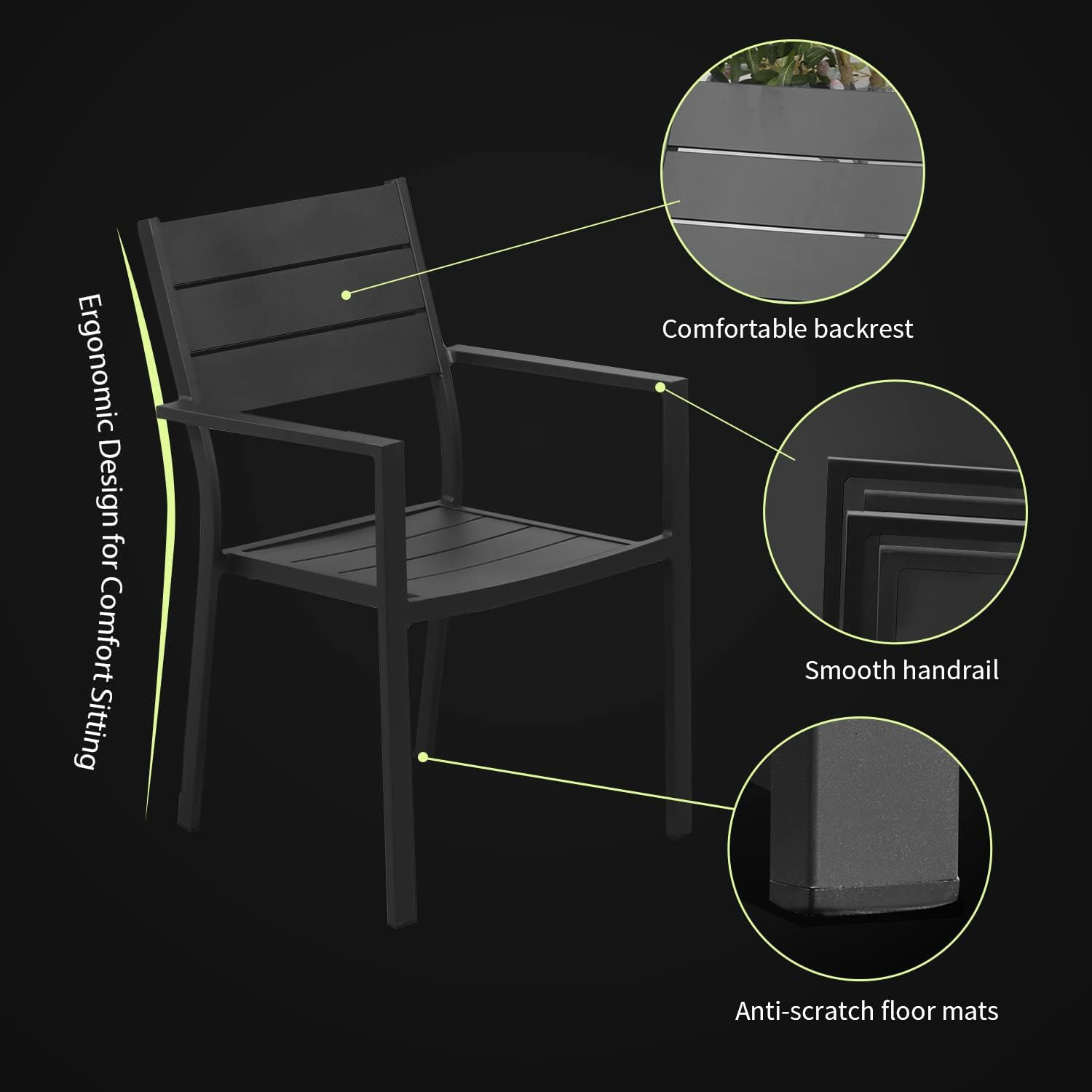 Dining Chair Set of 4, Modern Aluminum Stackable Chairs Patio Dining Chair Coated Weather-Resistant Armchair 350LBS Weight Capacity for Backyard Deck Lawn Garden Black