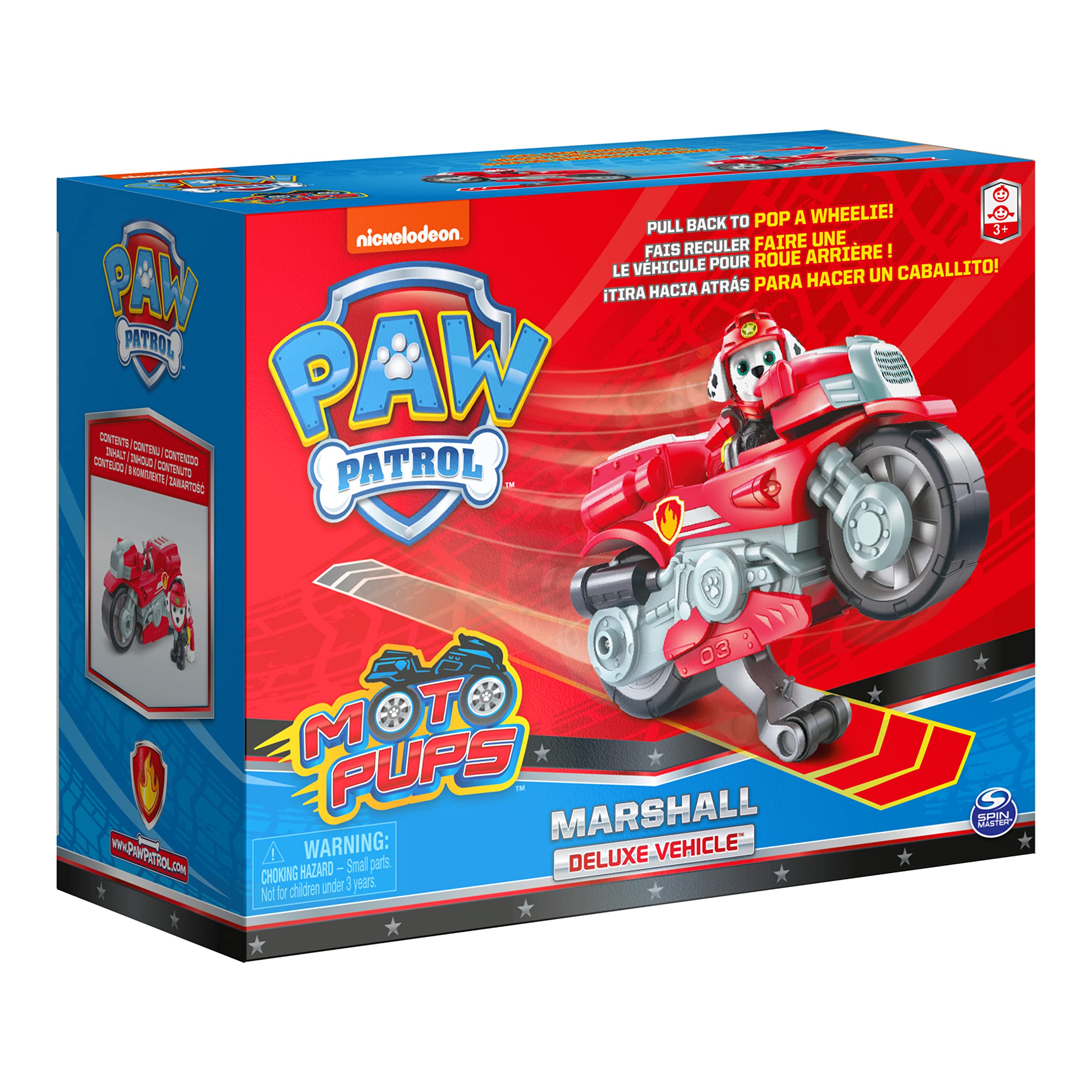 Paw Patrol, Moto Pups Marshall’s Deluxe Pull Back Motorcycle Vehicle with Wheelie Feature and Toy Figure