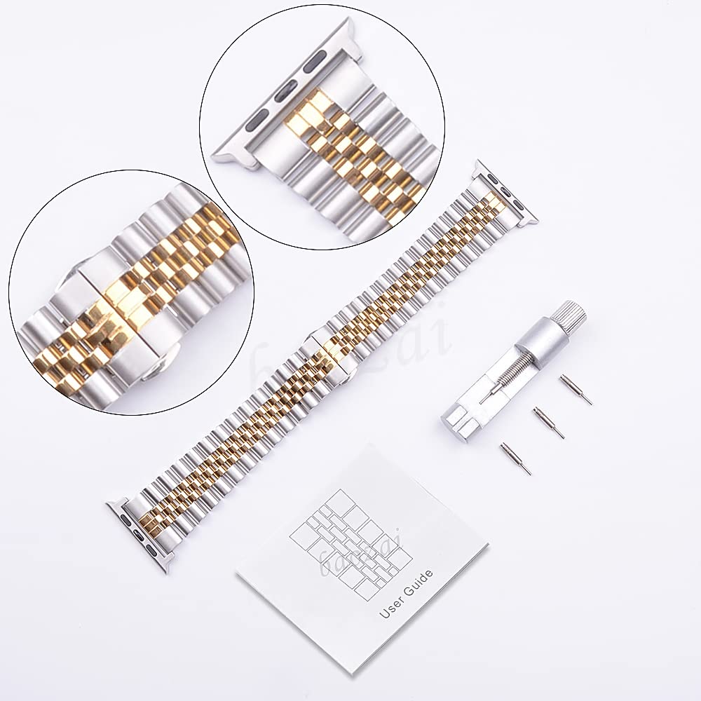 baozai Compatible with Apple Watch 49mm 45mm 44mm 42mm, Solid Stainless Steel iWatch Band Replacement for Apple Watch Ultra2/Ultra & Series 9/8/7/6/5/4/3/2/1/SE for Men, Silver/Gold, 49mm/45mm/44mm