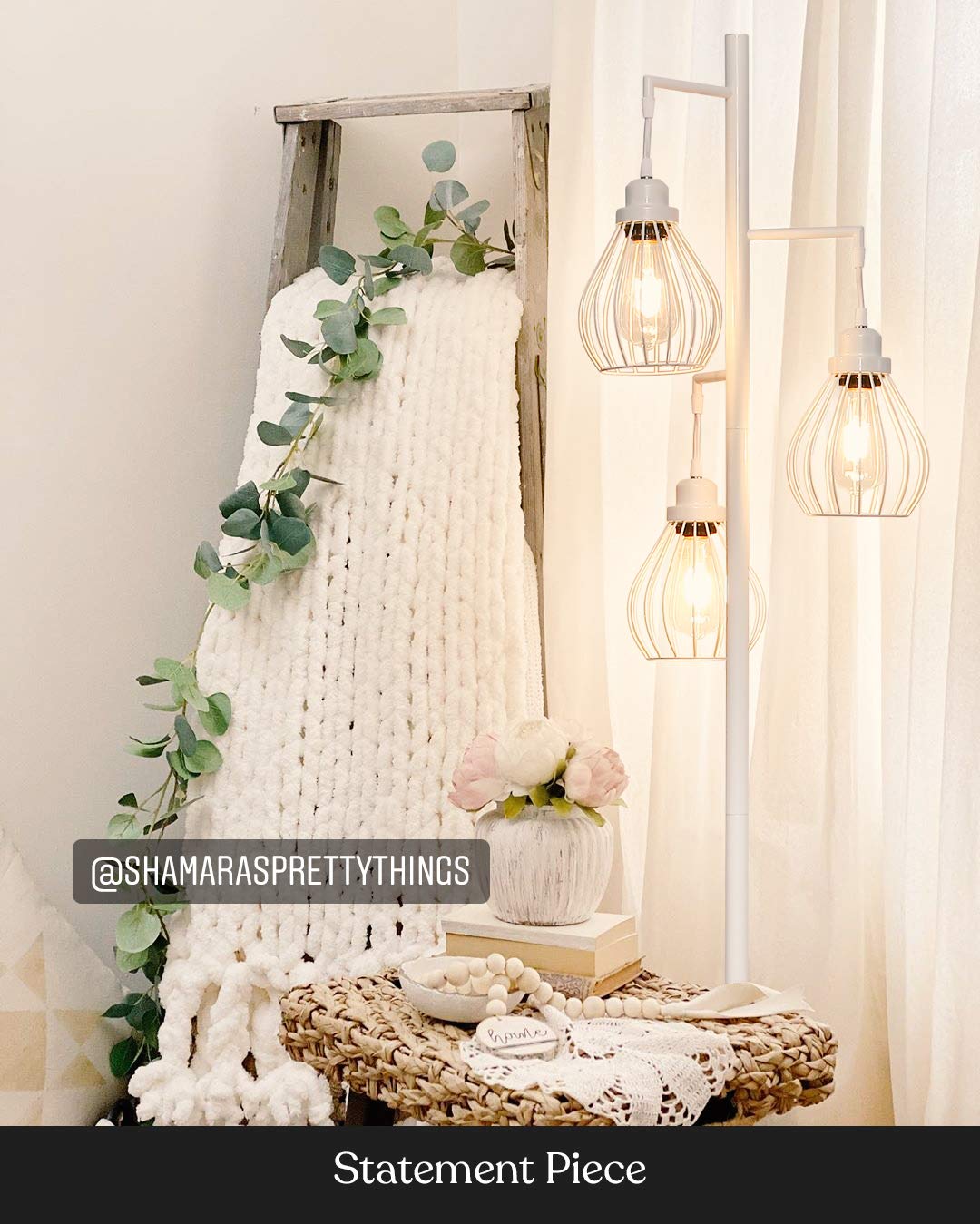Brightech Teardrop LED Floor Lamp β Tree Standing Lamp with 3 Elegant Cage Heads & Edison Bulbs β Standing Lamp for Living Rooms & Offices β Tall Standing Lamp Ideal for Bedroom Reading β Alpine White