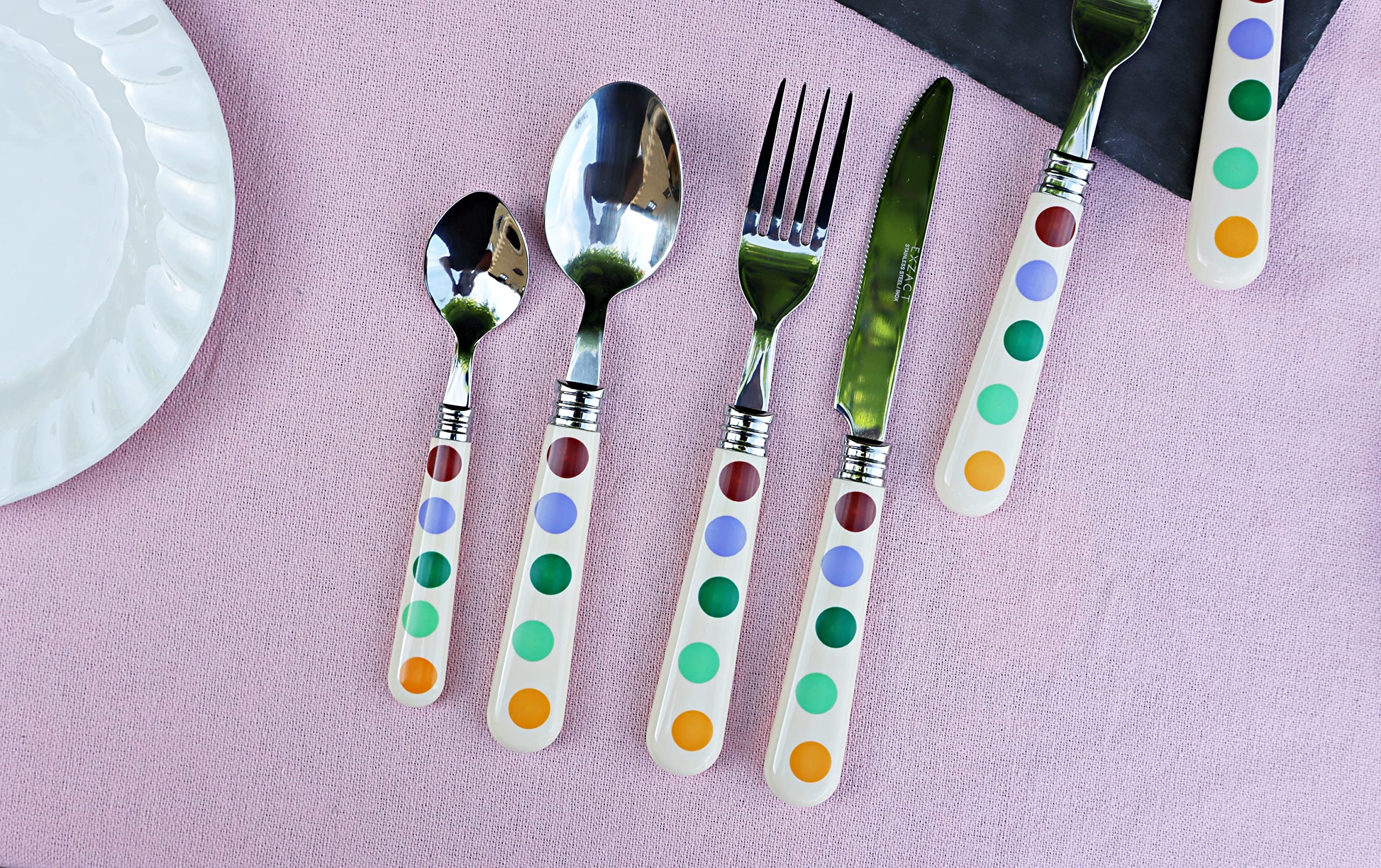 EXZACT Cutlery Set 24 PCS Stainless Steel with Polka Dots Handle - Dinner Knife x 6, Dinner Fork x 6, Table Spoon x 6, Tea Spoon x 6, Service for 6 - Mirror Polished