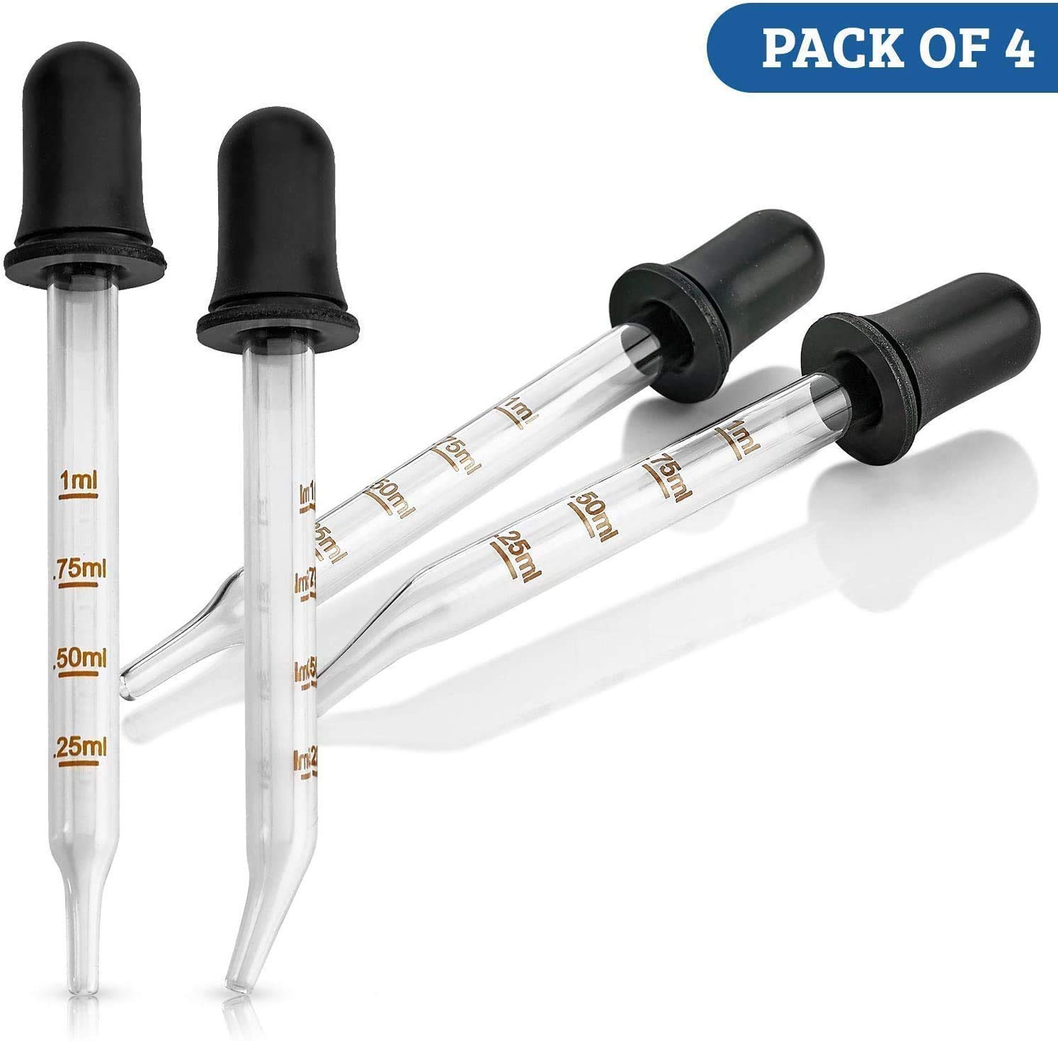 Eye Dropper - (Pack of 4) Bent & Straight Tip Calibrated Glass Medicine Droppers for Medications or Essential Oils Pipette Dropper for Accurate Easy Dose & Measurement (1 mL Capacity)