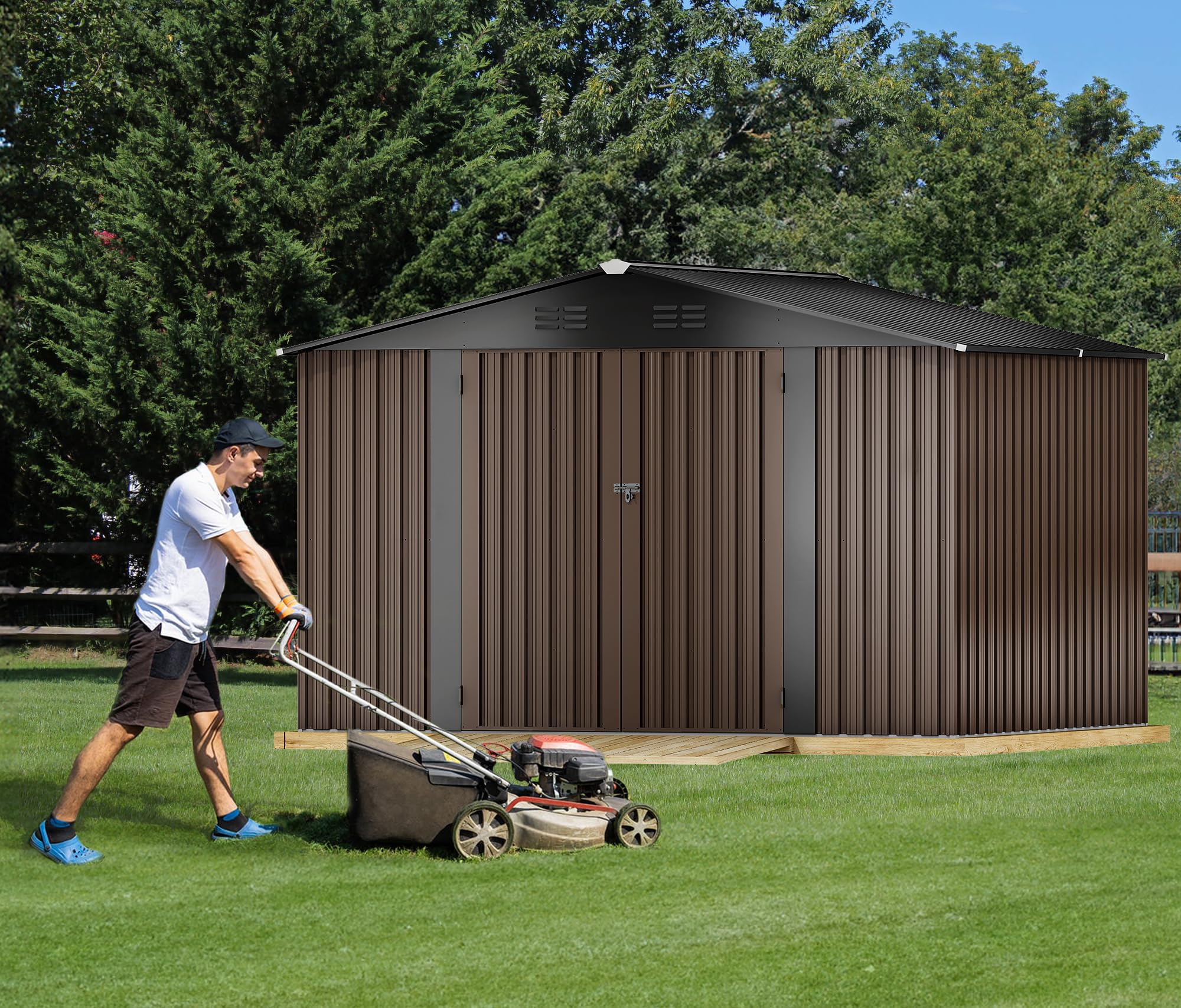 DWVO 10x8 FT Outdoor Storage Shed - Spacious Garden Tool Shed with Lockable Door - Durable Metal Yard Shed for Garden, Patio, and Backyard (Brown)
