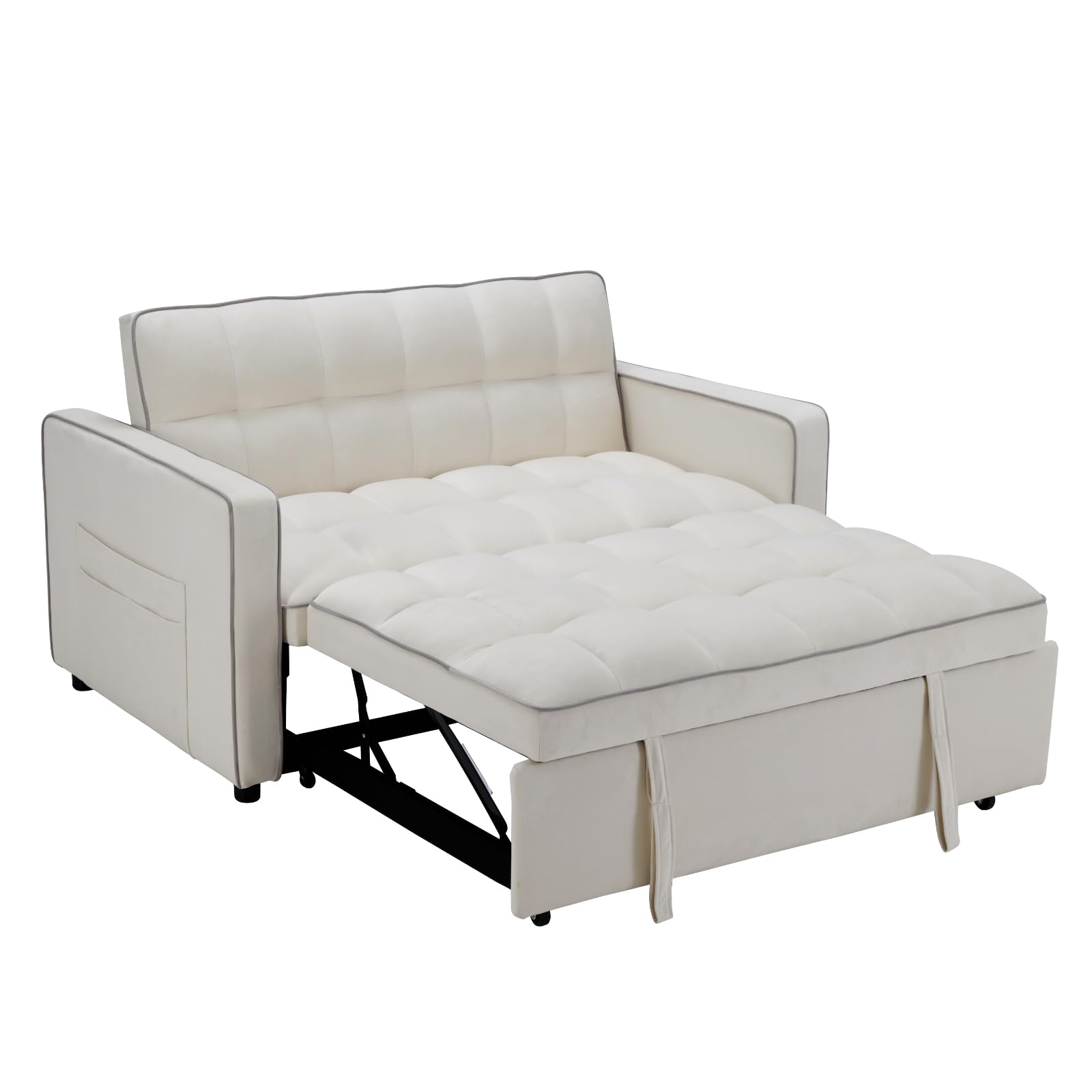 EBELLO 3 in 1 Convertible Sleeper Sofa Bed, Modern Velvet Loveseat Futon Couch Pullout Bed with Side Storage Pockets, Small Love Seat Lounge Sofa Futon for Small Space, Living Room, Beige
