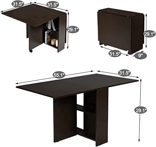 DINAZA Folding Dining Table Drop Leaf Table for Small Spaces with 2 Tier Storage Racks Multifunction Space Saving Table Extension Dinner Table for Kitchen Bedroom