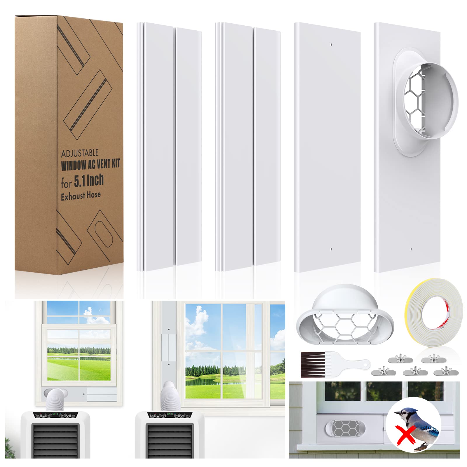 Portable Air Conditioner Window Seal Kit with Coupler for 5-5.1" Exhaust Hose, AC Window Kit with Vent Screen for Sliding Window, Adjustable 17"- 62" Sealing Panels, NOT Applicable for 5.9" Hose