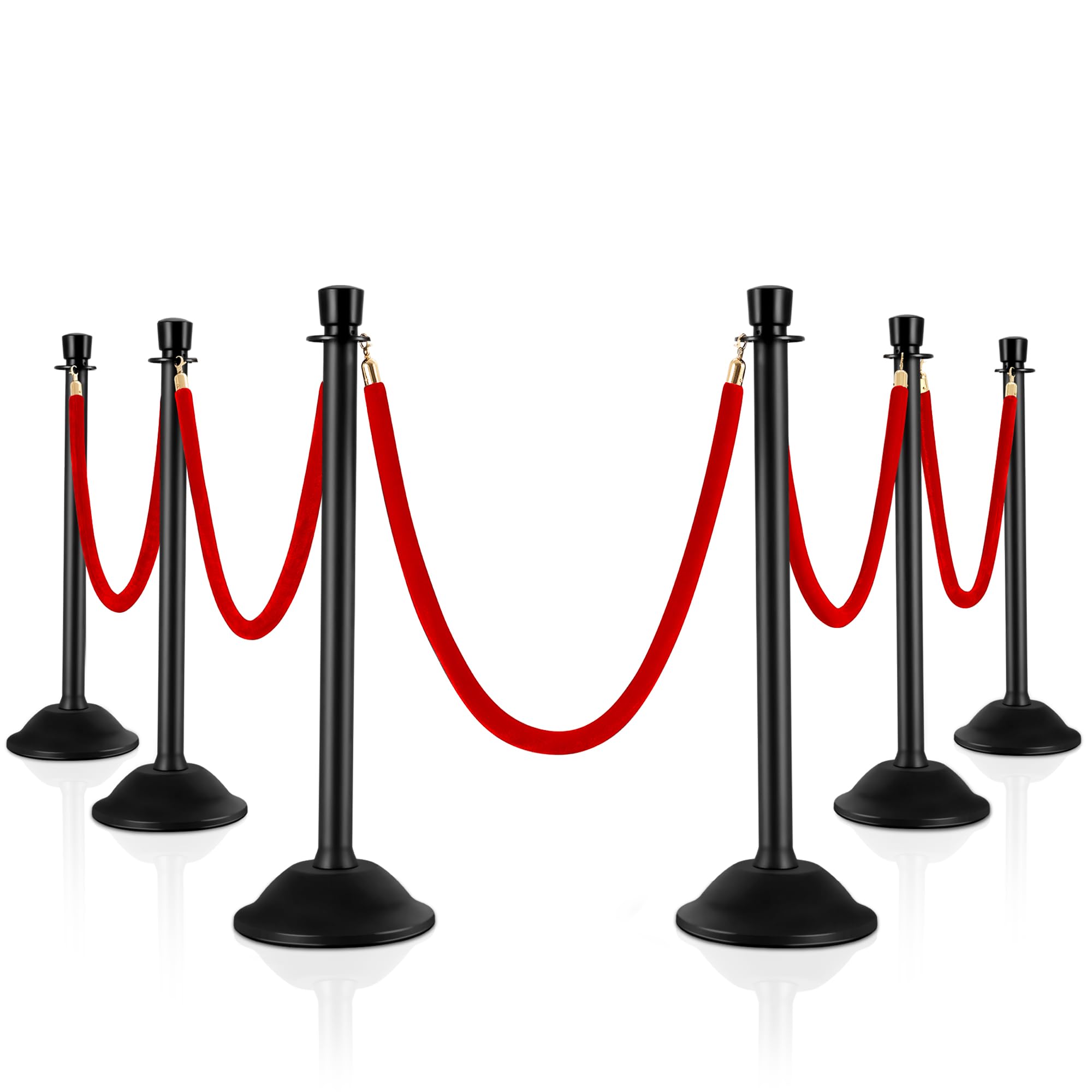 HABUTWAY Stanchion Posts with Velvet Ropes, Set of 6 Pieces Stanchion Queue Rope Barriers, Crowd Control Stanchion, Sand/Stone Injection Hollow Base Red Carpet Ropes and Poles, Easy Connect Assembly