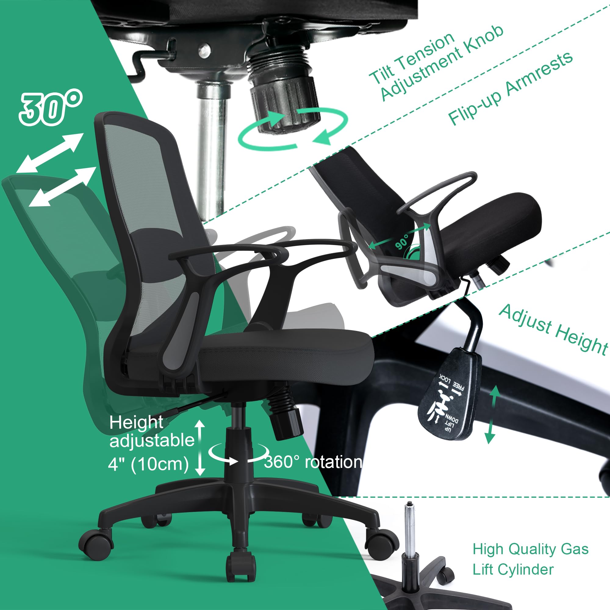 Ergonomic Swivel Mesh Back Office Computer Desk Chair for Home with Flip Up Arms and Adjustable Lumbar Support