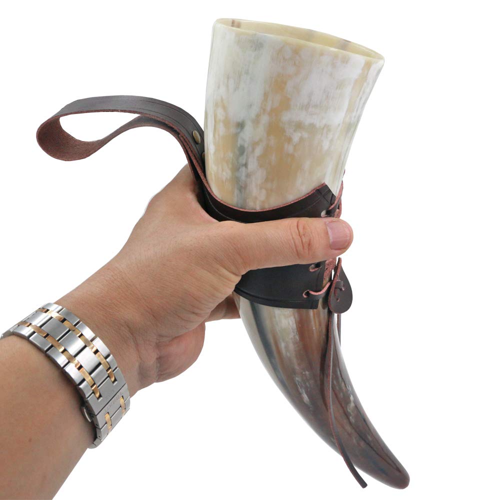 HONGLAYS Viking Horn Mugs-Handmade Home Real Viking Drinking Horn with Leather Straps Beer Wine Goblet Chalice Tankard Ox Horn Beaker Vessels (With Leather Straps)