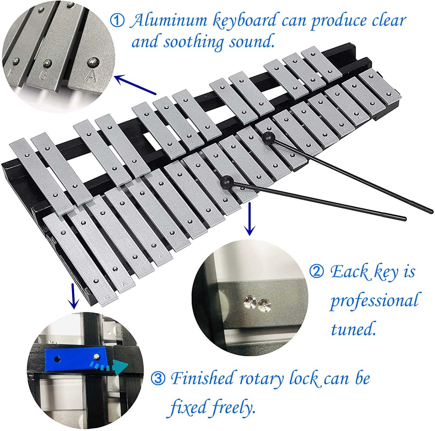 MIRIO 30 Notes Foldable Glockenspiel Xylophone Percussion Set, Glockenspiel Bell Kit With Carry Bag, Mallets for Beginner/Professional, Children Educational Percussion Musical Instrument (Silver)