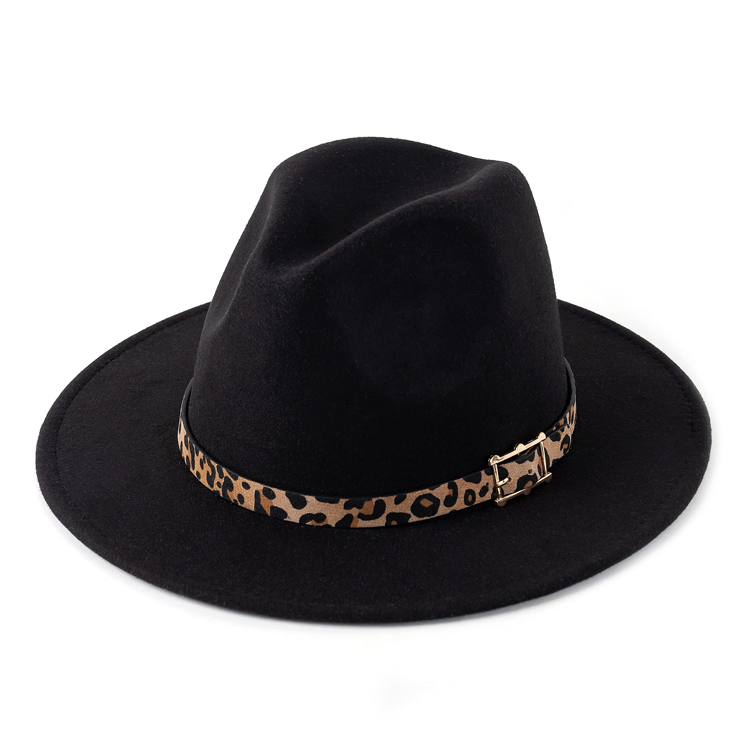 HUDANHUWEI Women's Wide Brim Felt Fedora Panama Hat with Leopard Belt Buckle Black