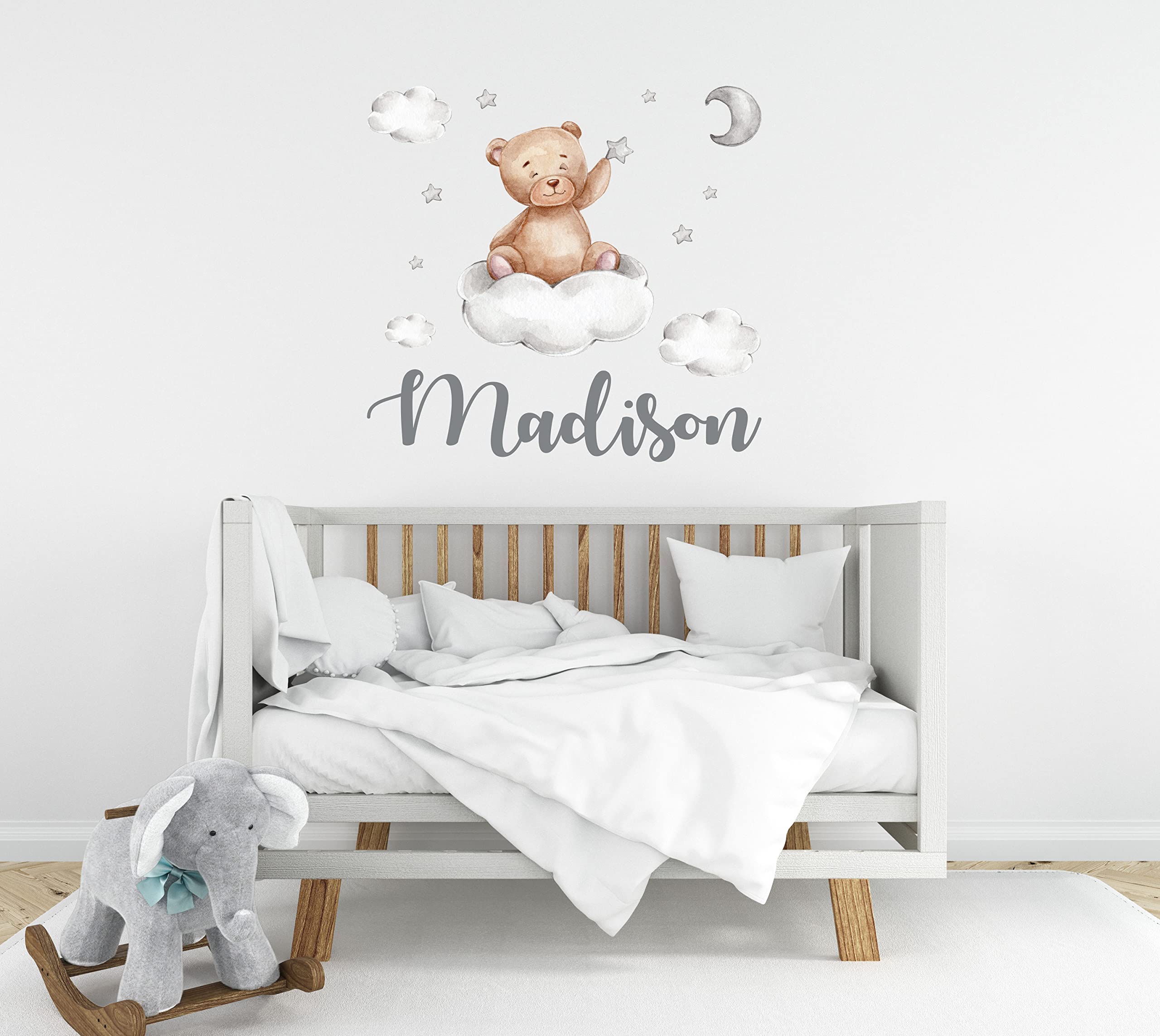Custom Name Teddy Bear Clouds, Moon and Start Wall Decal - Watercolor Teddy Bear Wall Decal - Teddy Bear Wall Stickers - Baby boy & Girls Wall Decal for Nursery Bedroom playroom Decoration