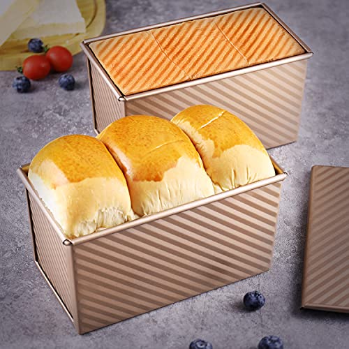 Flexzion Pullman Loaf Pan with Lid Cover (2 Pack) for Baking Oven Sandwich Bread Toast - 1lb Dough Capacity Square Corrugated Cake Mold Non-Stick Carbon Steel Box Bakeware Kitchen Accessories (Gold)