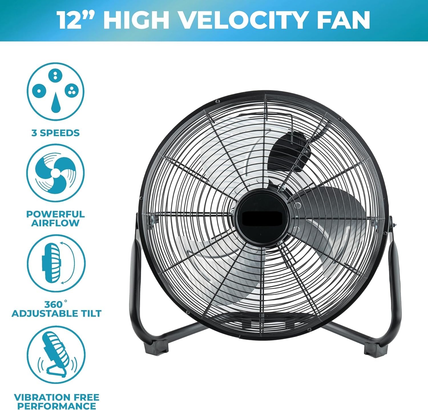 EZ-CHILL 12” Cradle Floor Fan, 3 Speed, High Velocity, 180 Degree Adjustable Tilt, All-Metal, Carry Handle, Rubber Feet, Airflow 15.42 ft/sec, Ideal for Home, Bedroom & Office, MTFDB-12