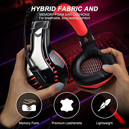 NPET HS10 Stereo Gaming Headset for PS4 PC Xbox One PS5 Controller, Noise Cancelling Over Ear Headphones with Mic,LED Light, Bass Surround, Soft Memory Earmuffs for Laptop Mac Nintendo NES Games Red