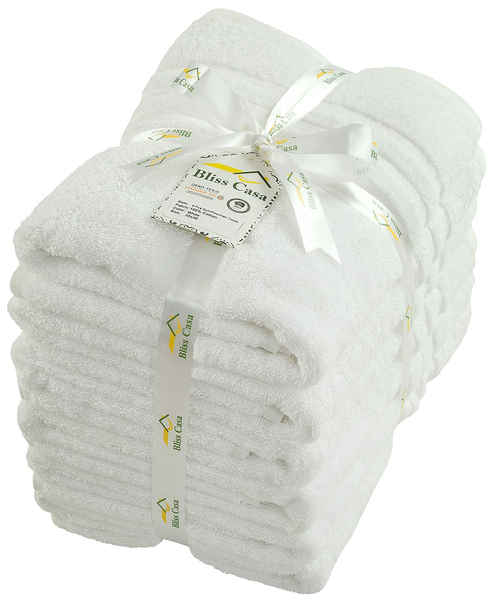 Bliss Casa Small Cotton Towels 20x40 Inch (6 Pack) Multipurpose Light-Weight & Absorbent Quick Drying Towels Set for Hand, Gym, Pool, Spa, Hotel and Salon (White)