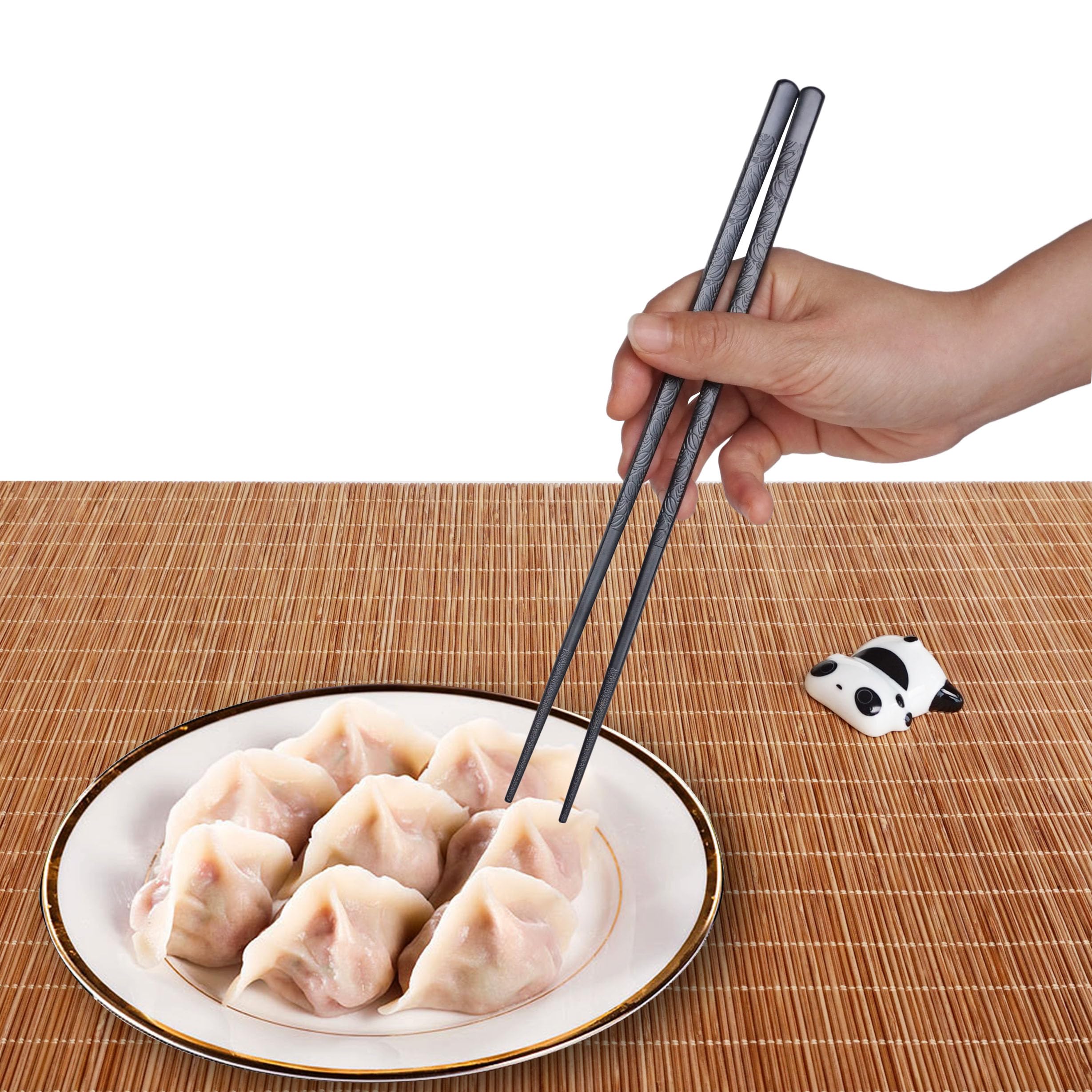 Chopsticks Reusable Fiberglass Chopsticks with Holder Chinese Japanese Gift Set Chopsticks Set Dishwasher Safe Alloy Chopsticks + Ceramic Cute Panda Chopstick Rest (2 Pairs - Panda)
