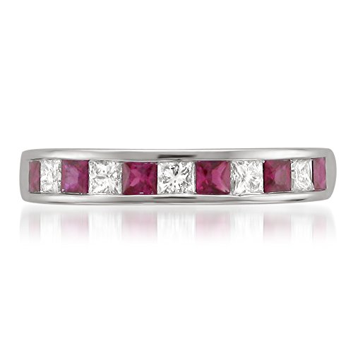 Beyond Brilliance 0.55 Carat Diamond, Channel-Set 14K White Gold Princess Cut Diamond and Red Ruby Wedding Band Ring (H-I, I1-I2) Natural Diamond Wedding Band For Women | Gift Box Included Size-4
