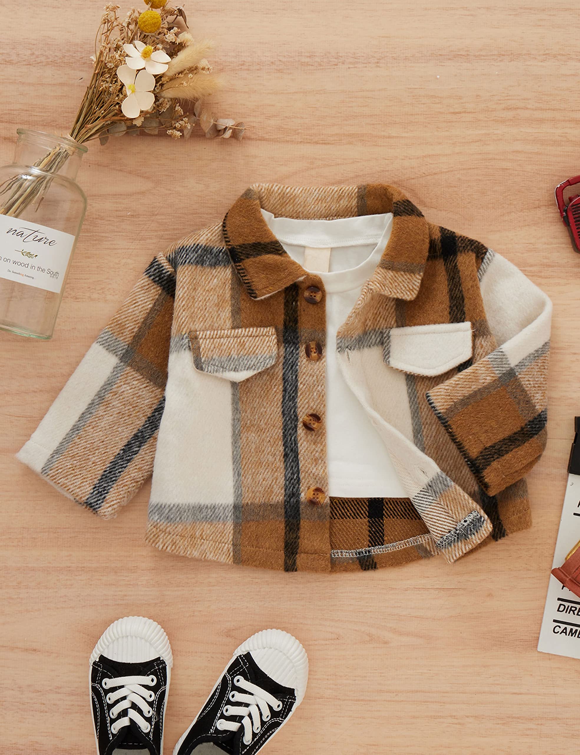 Hooever Girl's Boy's Brushed Plaid Shirts Pockets Button Down Plaid Flannel Shacket (Khaki, 4T)