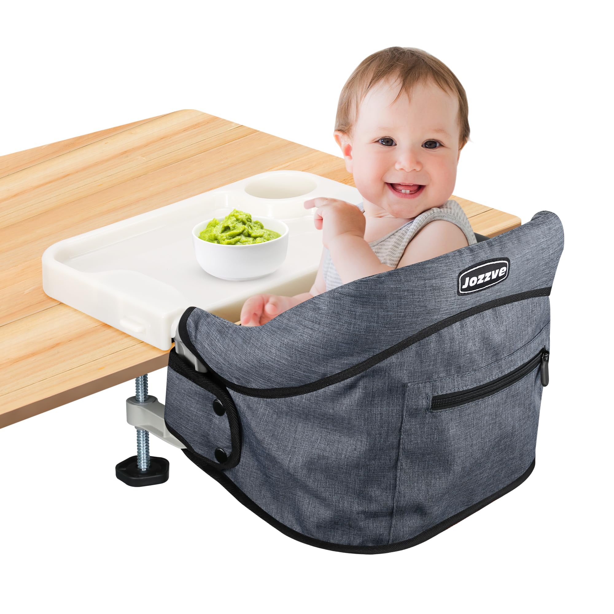 Hook On High Chair, Jozzve Clip on High Chair with Removable Dining Tray for Babies and Toddlers, Fold-Flat Storage Portable Baby Feeding Seat, Attach to Fast Table Chair for Home Travel (Grey)