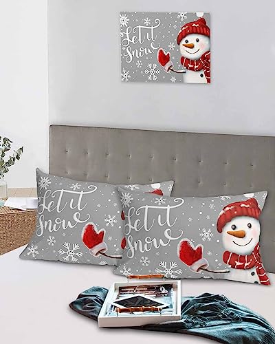 Edwiinsa Christmas Snowman Pillow Covers Standard Size Set of 2 Bed Pillow, Winter Red Snowflake Grey Plush Soft Comfort for Hair/Skin Cooling Pillowcases with Envelop Closure 20x26 Inches