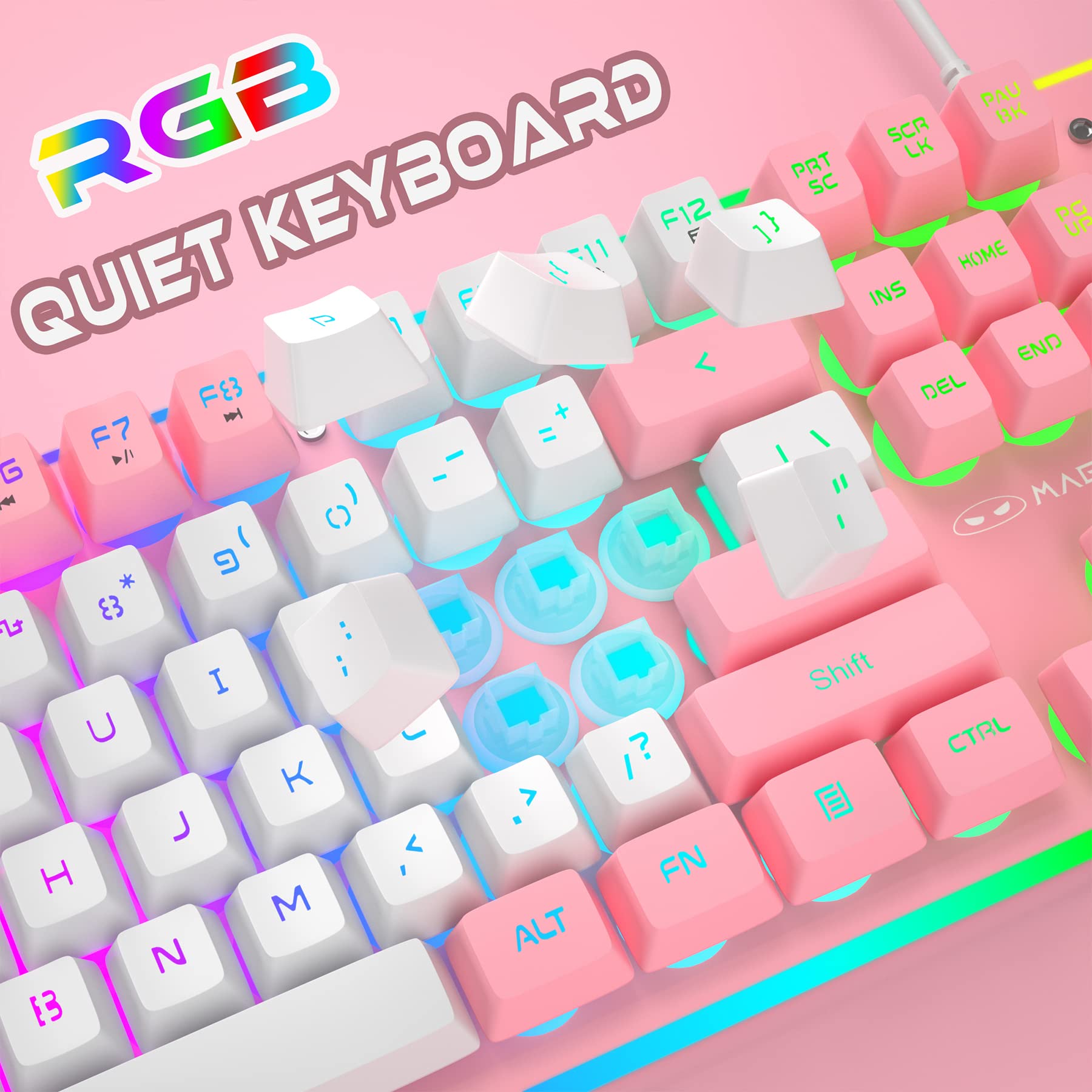 Camiysn Gaming Keyboard, Silent Ergonomic Waterproof RGB Backlit Anti-ghosting Keyboard Mechanical Feeling Keyboard with Multimedia Keys for PC Gamer, Pink