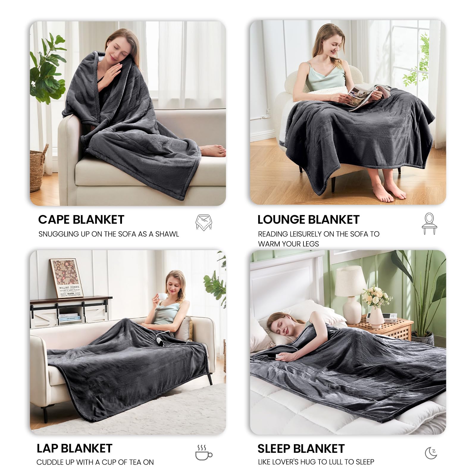 BENFOX Electric Heated Blanket,Flannel & Sherpa Heated Throw Blanket 50"x60",Fast Heating Soft Fleece Blanket with 6 Heating Levels & 4H Auto Off- Grey