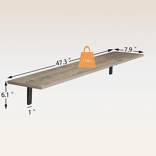 DINZI LVJ Long Wall Shelves, 47.3Inch Wall Mounted Shelves Set of 2, Extra Large Wall Storage Ledges with Sturdy Metal Brackets for Living Room, Bathroom, Bedroom, Kitchen, Grey Wash