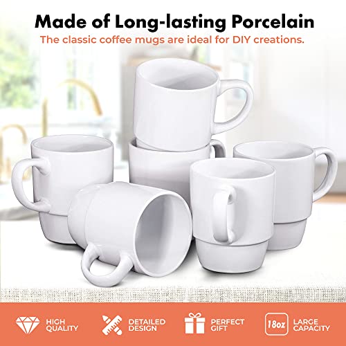 Bruntmor 18 Oz Plain Stacking Coffee Mug Set of 6, Cute 18 Ounce Porcelain Mugcup Set In White, Best Coffee Mug For Your Christmas, Birthday Gift, or DIY Decoration