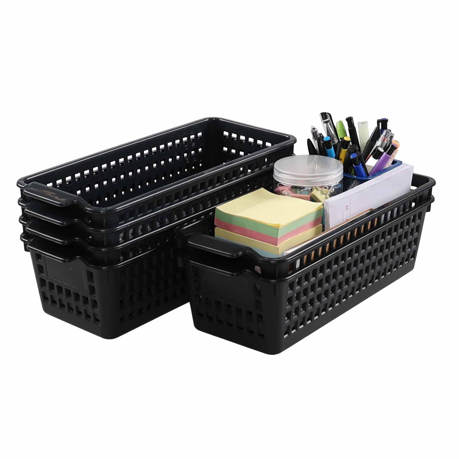 Bringer 6-Pack Slim Plastic Storage Baskets, Black Plastic Rectangle Storage Baskets