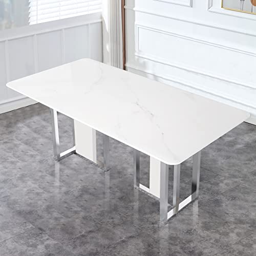 Dining Room Table Set for 6,Modern 71 Inch Rectangular Dining Table For 6-8 Persons,With 6 Black Faux Leather Upholstered High-Back Dining Chairs For Dining Room / Kitchen (Table + 6 Black Chair)