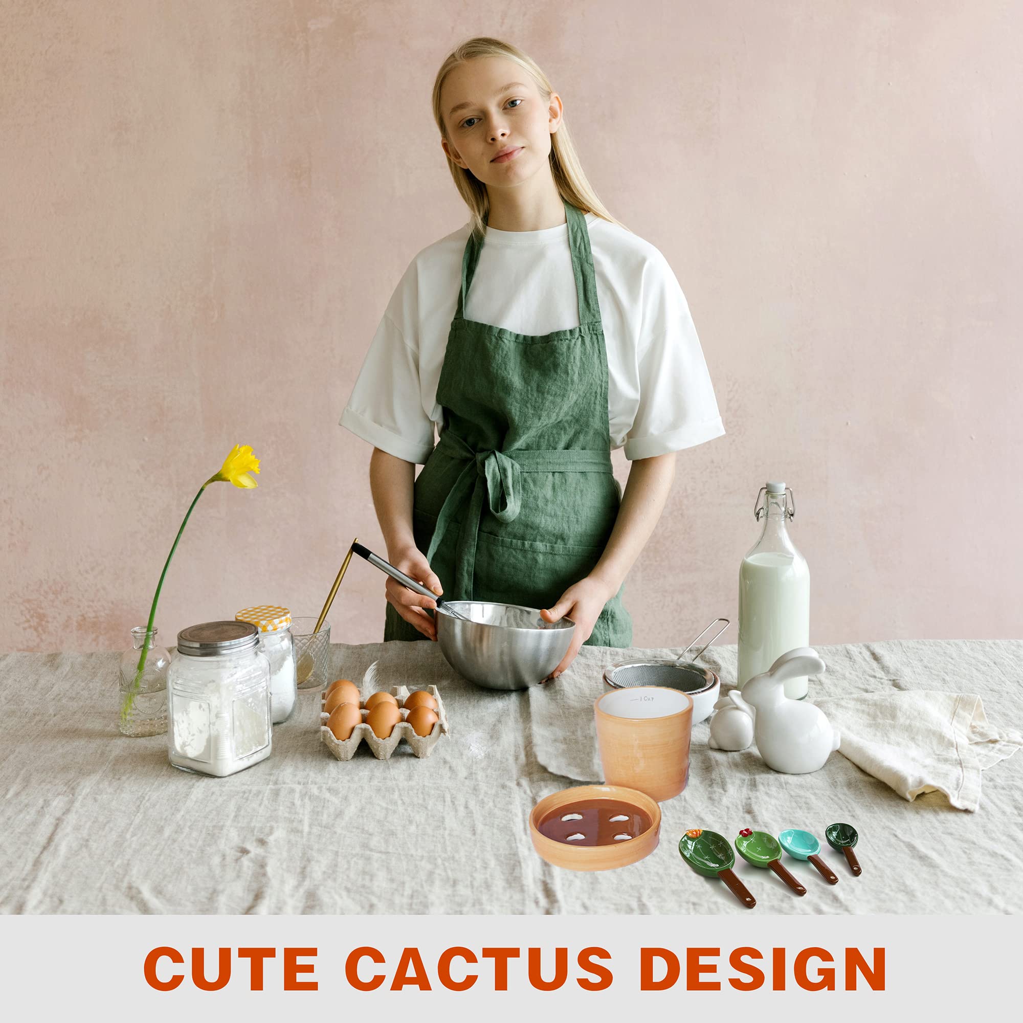 Cactus Measuring Spoons Set in Pot, Cute Ceramic Measuring Spoons and Cups, Baking Cacti Spoon with Holder for Milk Powder Sugar Salt Wet Dry Ingredients, Kitchen Home Small Decorations Ornaments