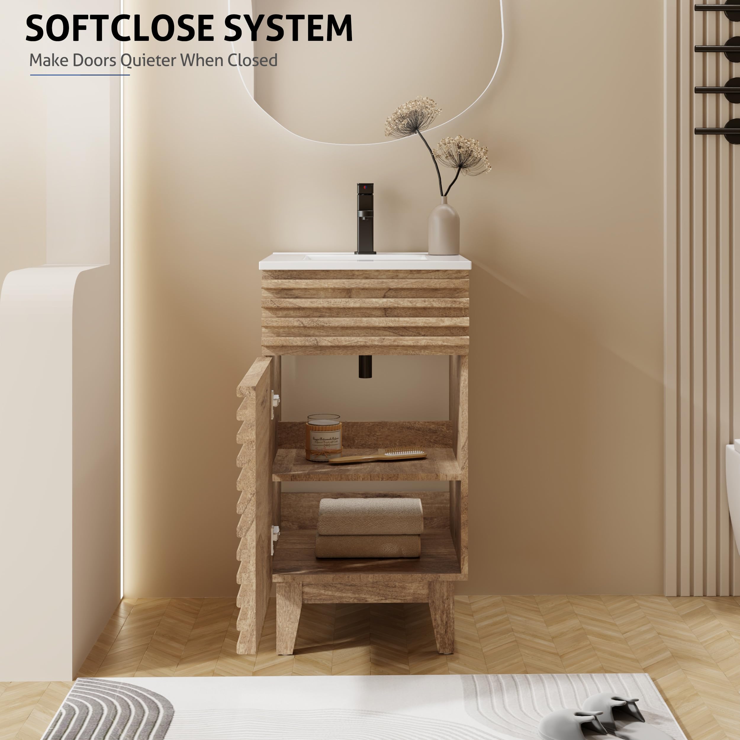 eclife 18" Bathroom Vanity with Sink Combo Mid-Century Floor Cabinet Set w/Wood Stripes, Adjustable Shelf, Undermount Sink
