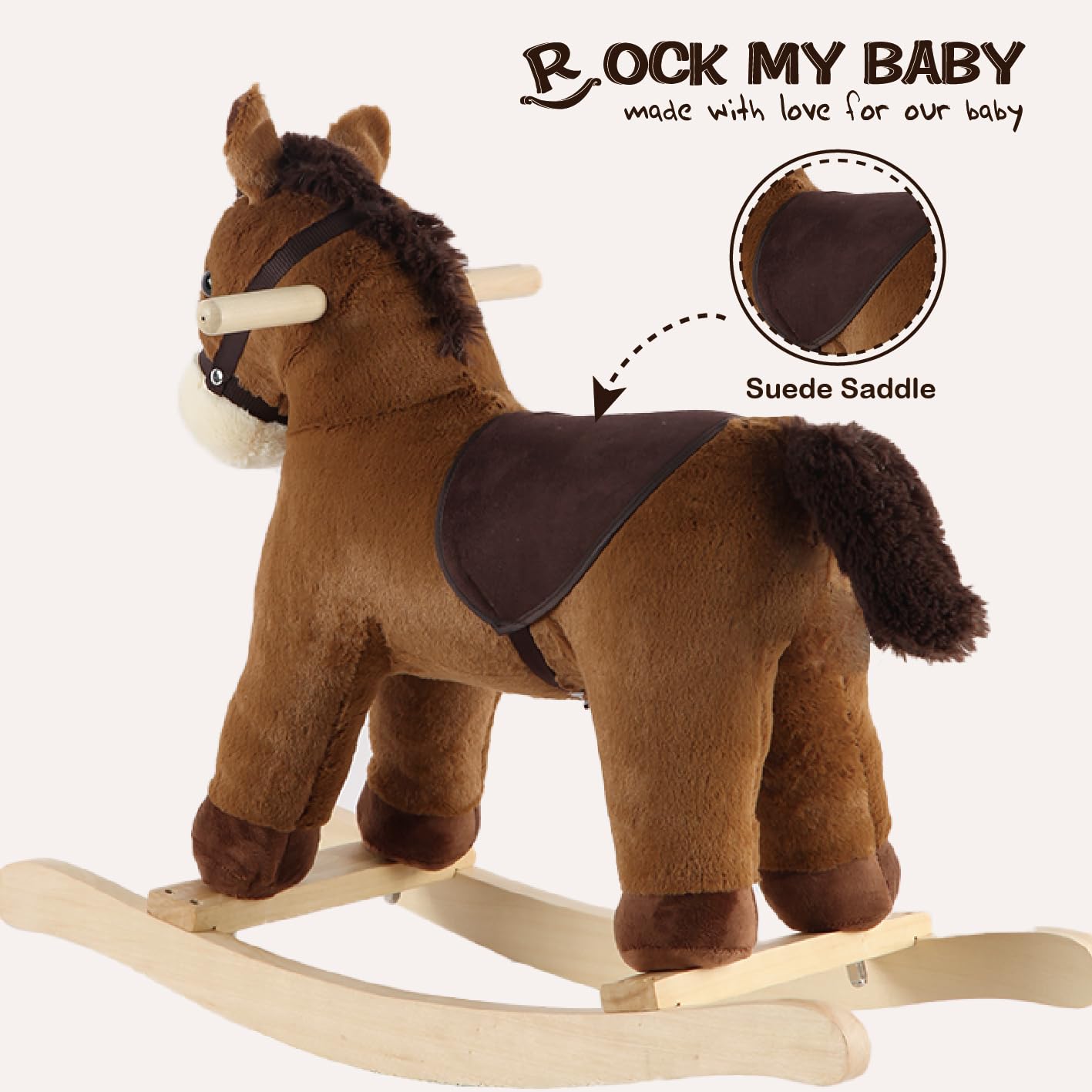 Plush Rocking Horse, Soft Filling Ride on Pony, Rocking Animal, Stuffed Rocker for Kids 18 Months and up (Dark Brown)