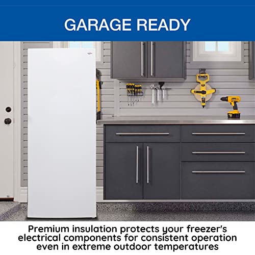 Koolatron Garage-Ready 7.0 Cu Ft Upright Freezer Low-Frost Technology Premium Insulation Repositionable Shelves Pizza Compartment Reliable Compressor Cooling Ideal Basements Outbuildings