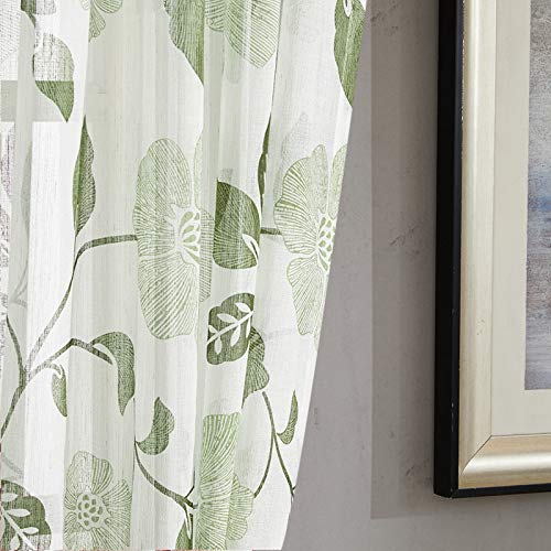 MRTREES Sheer Printed Valance Curtains for Kitchen Windows, Small Modern Rod Pocket Voile Valance Window Treatment for Bathroom Basement(1 Pack, 54" W x 16" L, White with Olive Green Floral Pattern)