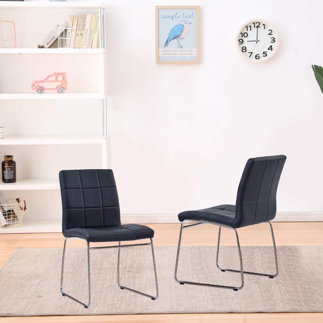 Black Dining Room Chairs Set of 2, Modern Accent Kitchen Chairs with Faux Leather Soft Padded Back in Checkered Pattern and Chrome Legs, Comfortable Side Chair for Indoor Use:Living Room Waiting Room