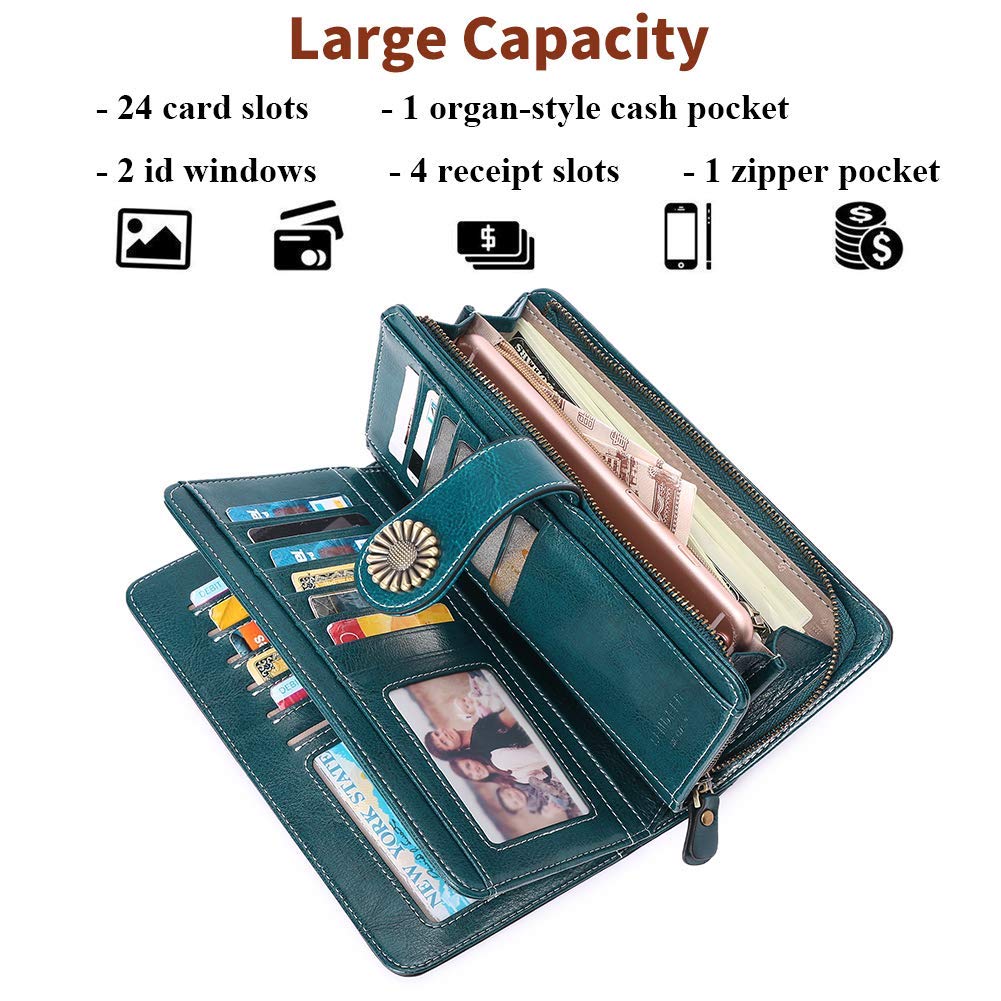 KELEEL Women's RFID Blocking Wallet Genuine Leather Clutch Wallet Card Holder Organizer Ladies Purse (Blue)