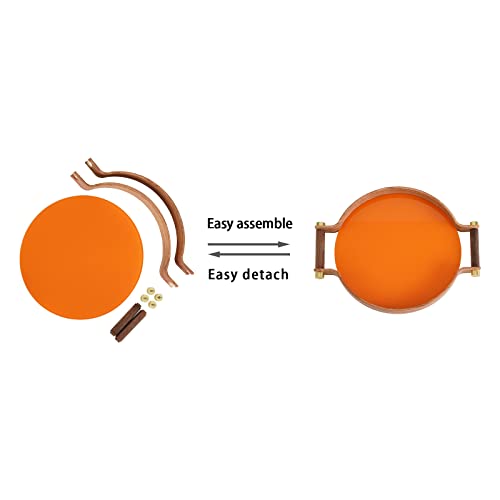 DalimFun Reversible Glass Serving Tray with Wooden Handles for Coffee Table, Vanity, Jewerly, Perfume and Make up Decorative Tray, Orange