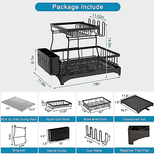 Dish Drying Rack Large Dish Rack, 2 Tier Dish Racks for Kitchen Counter, Extra Roll-Up Kitchen Sink Drying Rack, Rustproof Stainless Steel Dish Drainer with Drainboard Set Utensil Holder Cup Rack