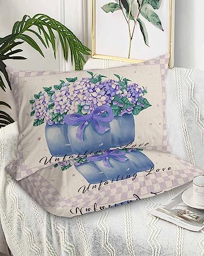 Edwiinsa Spring Floral Pillow Covers Standard Size Set of 2 Bed Pillow, Rustic Purple Plaid Summer Flowers Plush Soft Comfort for Hair/Skin Cooling Pillowcases with Envelop Closure 20''x26''