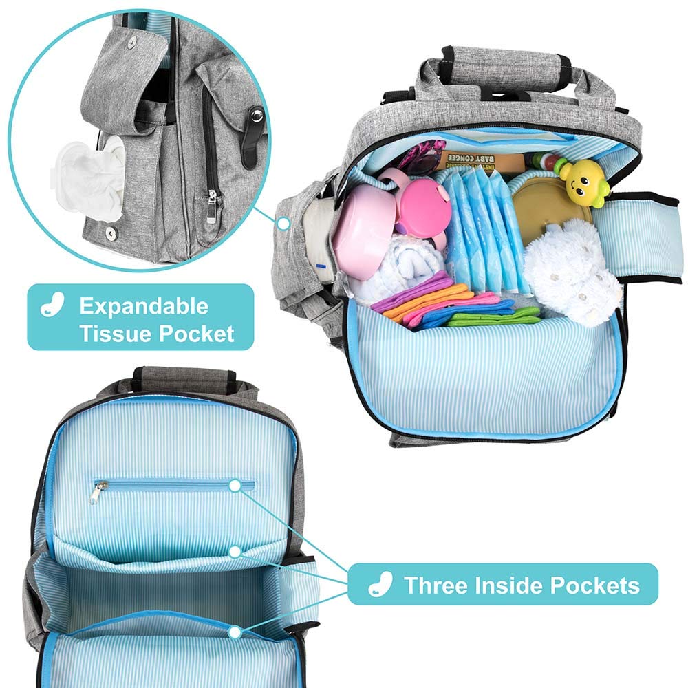 Baby Backpack Diaper Bag | Large Capacity Multi-Functional Travel Nappy Bag for Maternity Mom Dad with Changing Pad, Insulated Pockets, Stroller Straps (Light Grey)