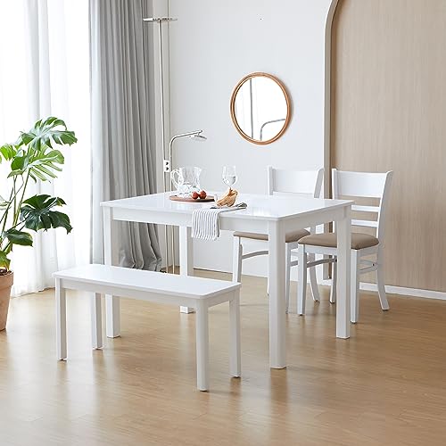 Livinia 4 Piece Cabin Wooden Dining Room Table Set with 2 Ladder Back Chairs and Bench (White)