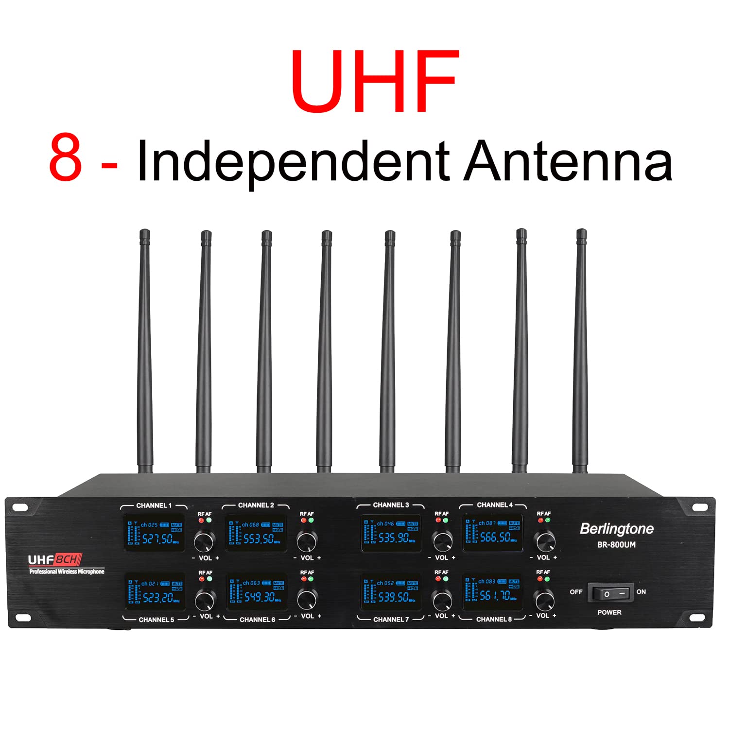 Berlingtone BR-800UM Professional 8-Channel Wireless Handheld Dynamic Microphone System, Fixed Frequency Channel, Metal Mic and Receiver, for Singing, Church, DJ, Concert, Up to 260ft Range