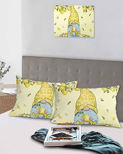 Edwiinsa Summer Lemon Pillow Covers Queen Size Set of 2 20x30 Bed Pillow, Spring Floral Gnomes Rustic Yellow Plush Soft Comfort for Hair/Skin Cooling Pillowcases with Envelop Closure